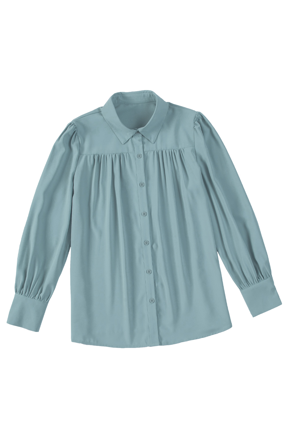 US$ 7.98 - Sky Blue Solid Color Button Up Puff Sleeve Blouse - www.mshiying.com