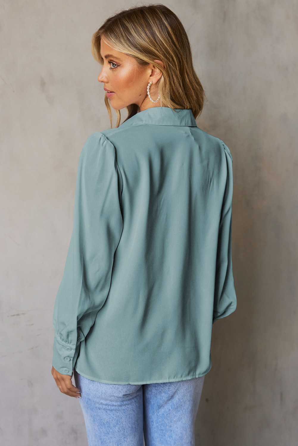 US$ 7.98 - Sky Blue Solid Color Button Up Puff Sleeve Blouse - www.mshiying.com