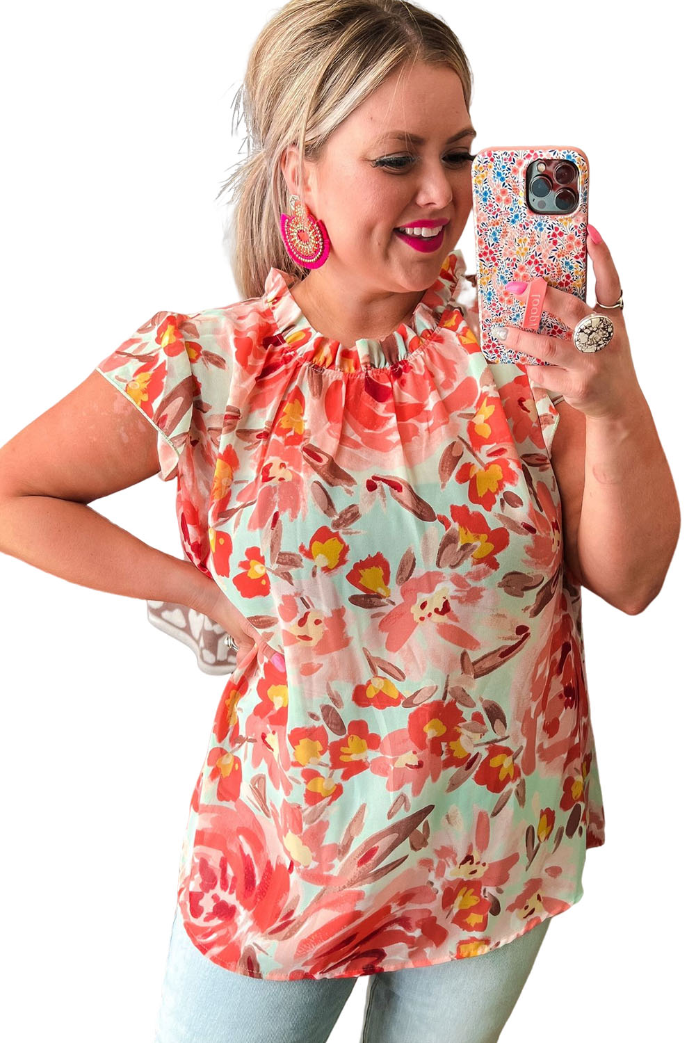 Us 5 9 Red Plus Size Watercolor Floral Print Frill Neck Blouse
