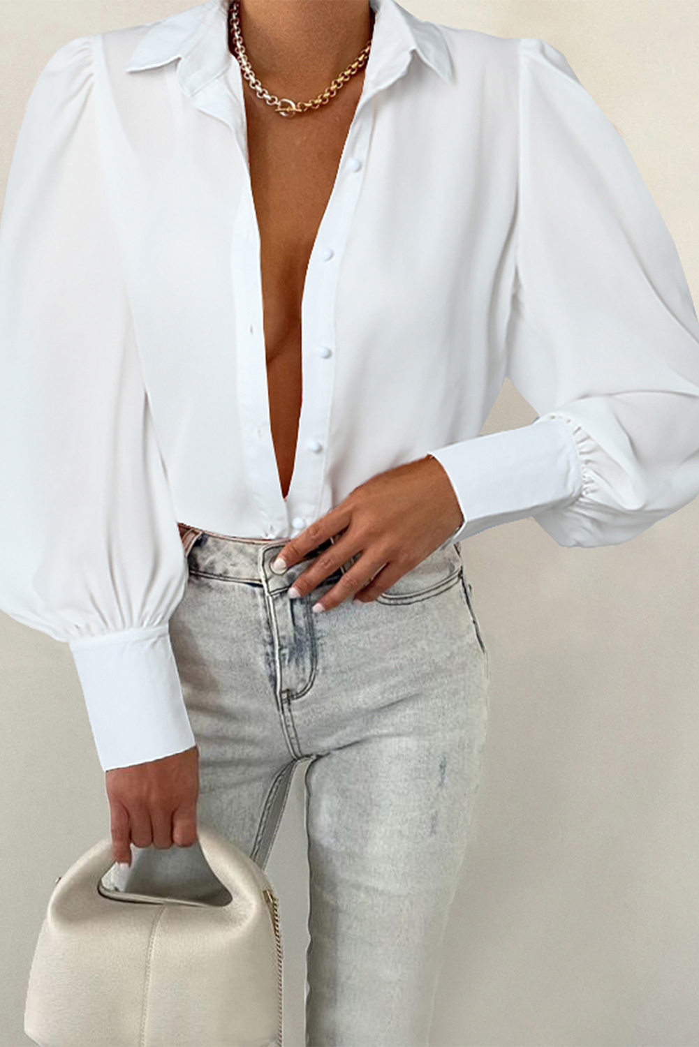 US$ 9.4 - White Solid Button Up Puff Sleeve Shirt - www.mshiying.com