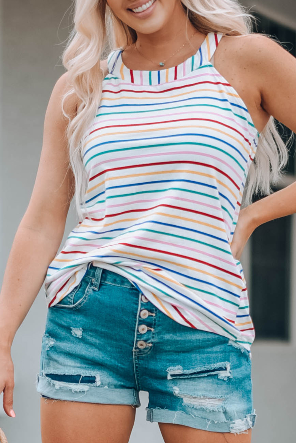 US$ 5.7 - Colorful Striped Halter Tank Top - www.mshiying.com