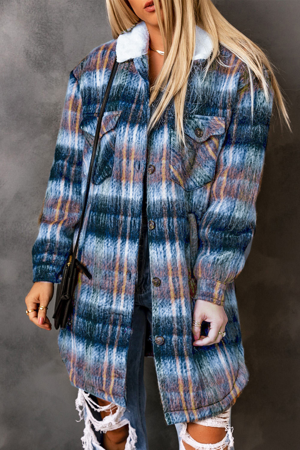 US$ 28.3 - Multicolor Woolen Lining Plaid Brushed Long Coat - www ...