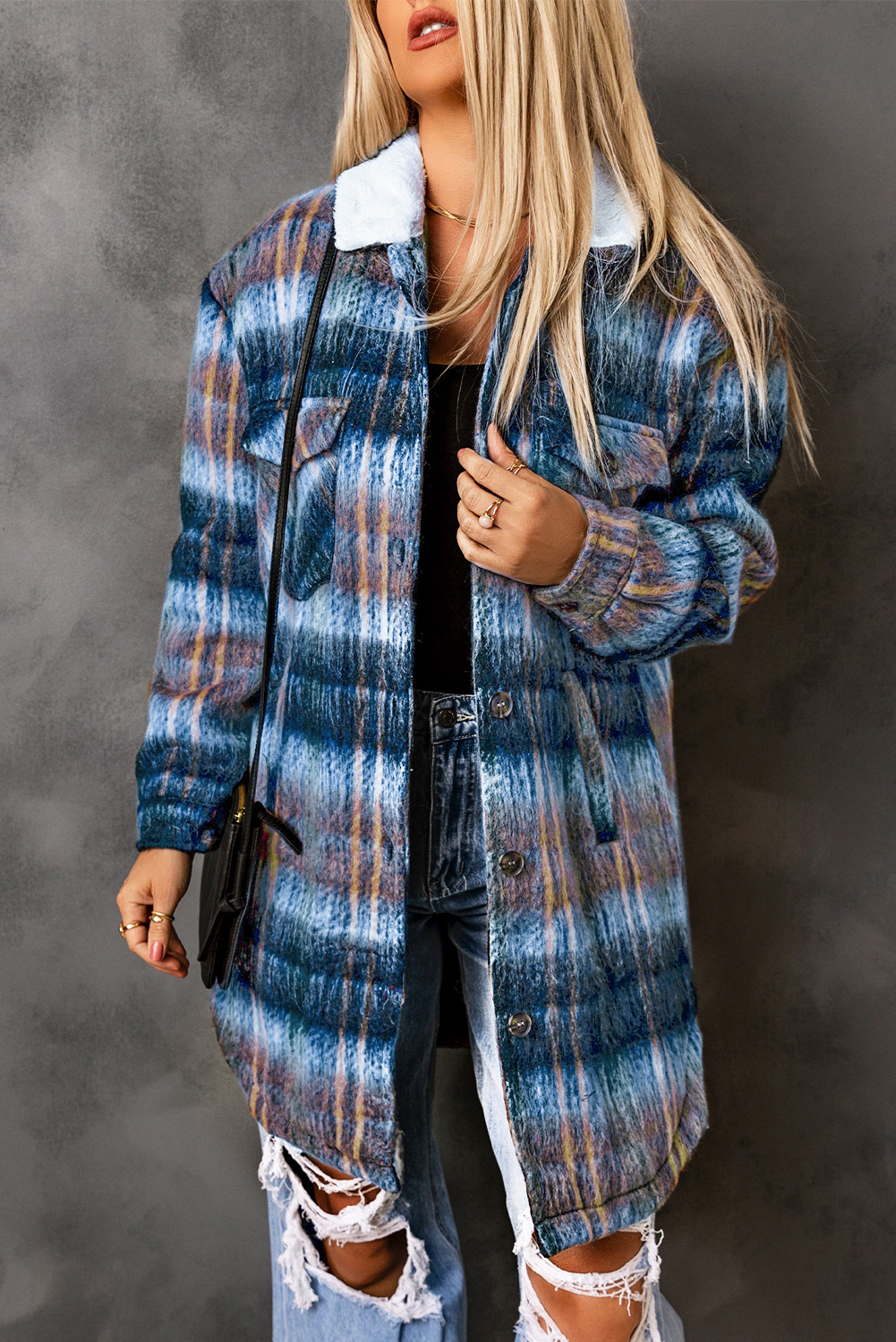 US$ 28.3 - Multicolor Woolen Lining Plaid Brushed Long Coat - www ...