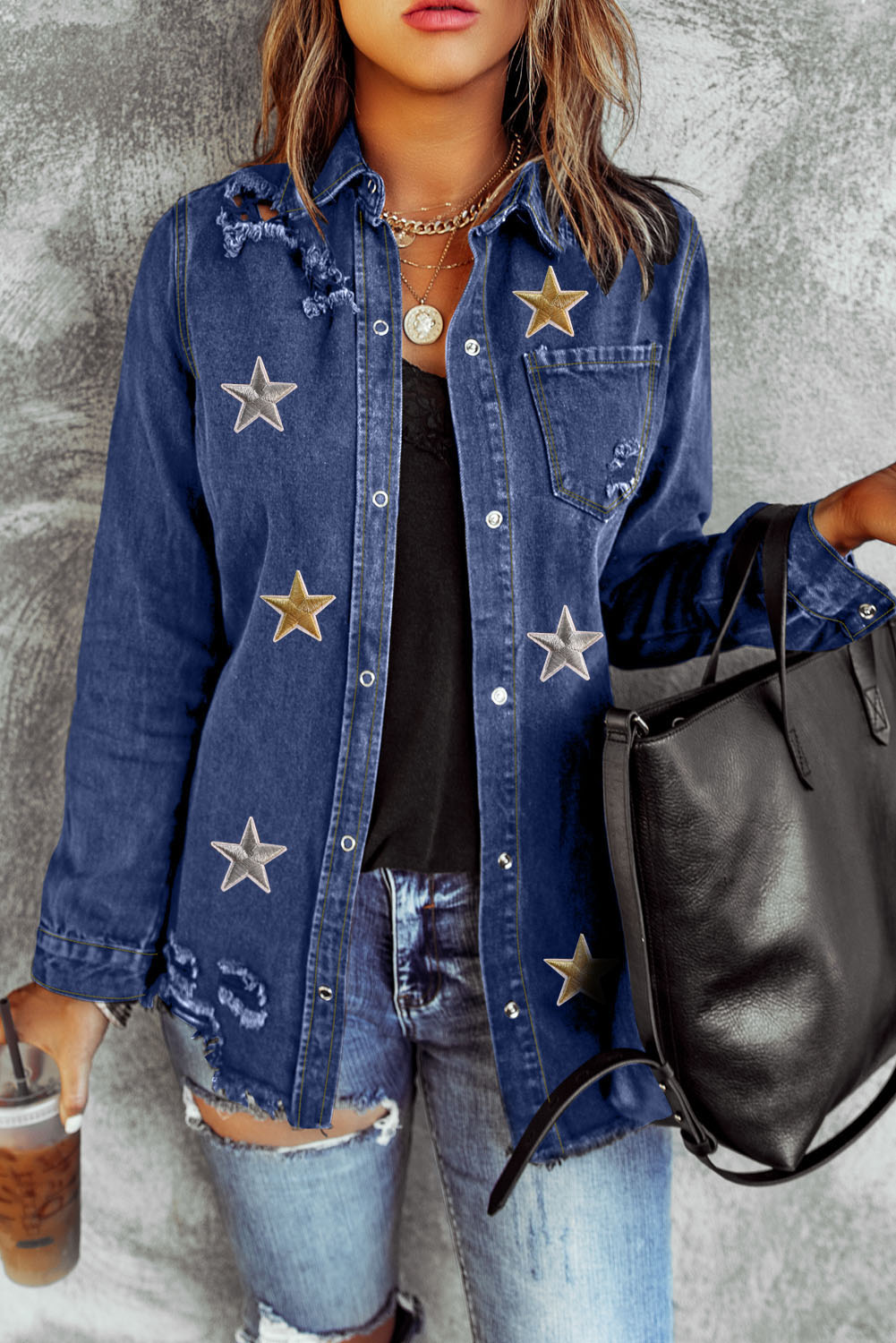US$ 14.33 - Blue Star Embroidery Distressed Denim Jacket - www.mshiying.com