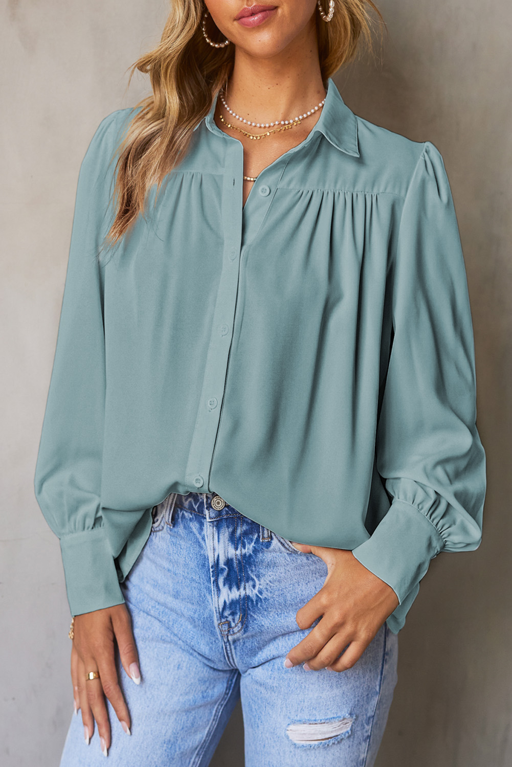 US$ 7.98 - Sky Blue Solid Color Button Up Puff Sleeve Blouse - www ...