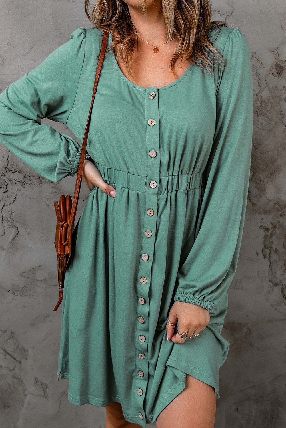 US$ 9.8 - Green Button Up High Waist Long Sleeve Dress - www.mshiying.com