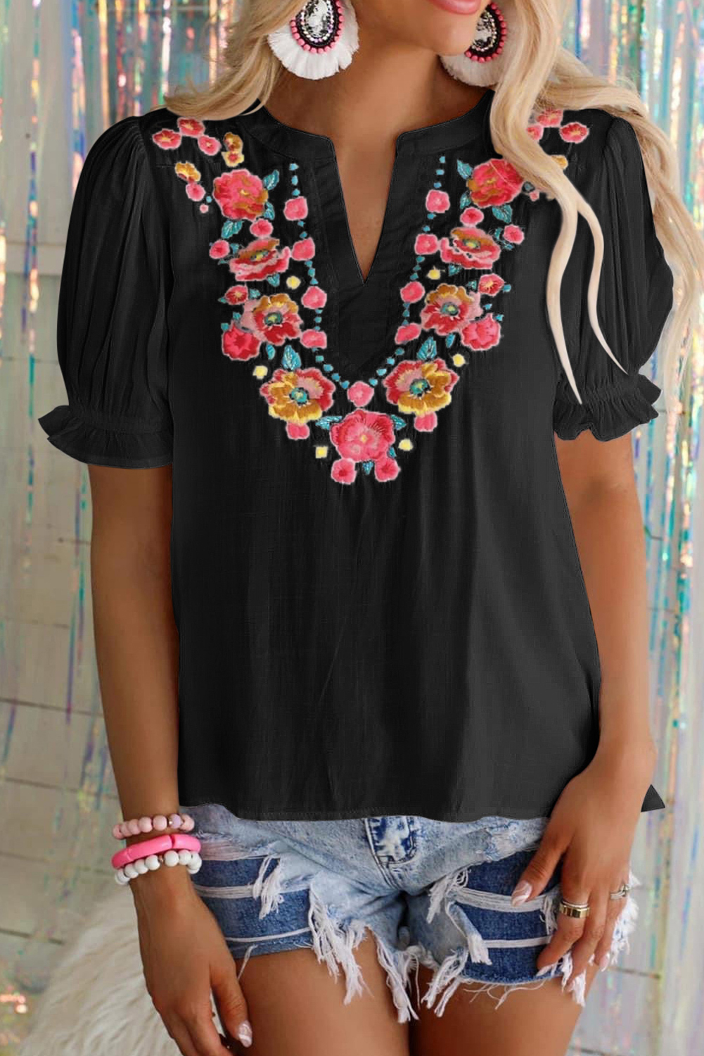 US$ 8.4 - Black Floral Embroidered Ruffled Puff Sleeve Blouse - www ...