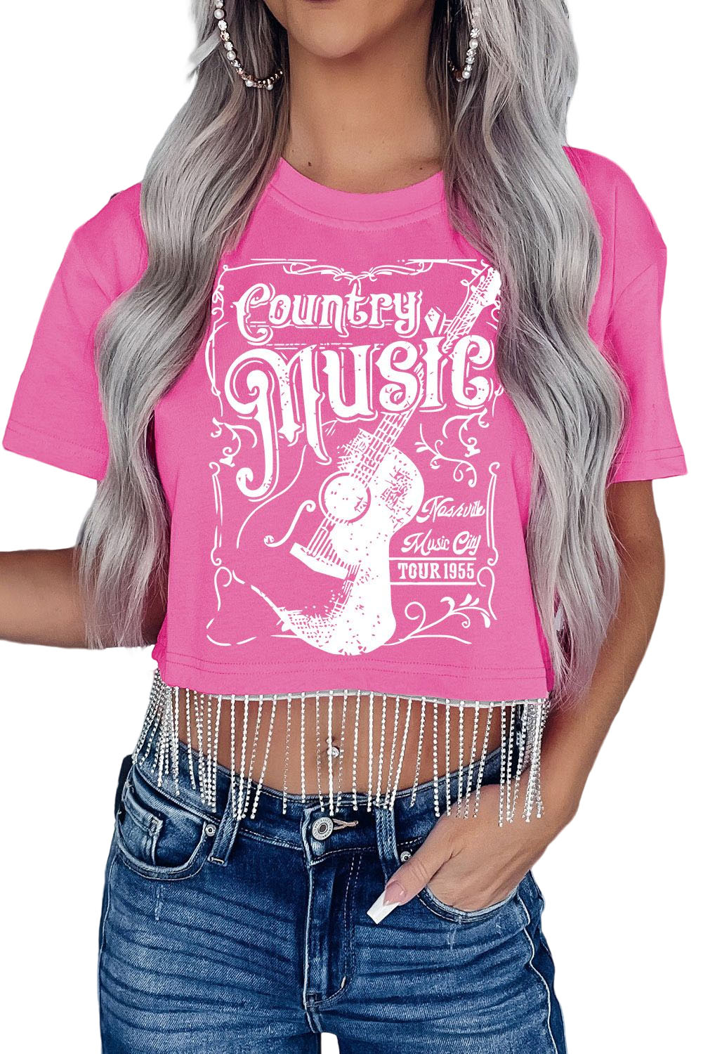 US$ 7.86 - Pink Country Music Graphic Print Rhinestone Fringed Crop Top ...