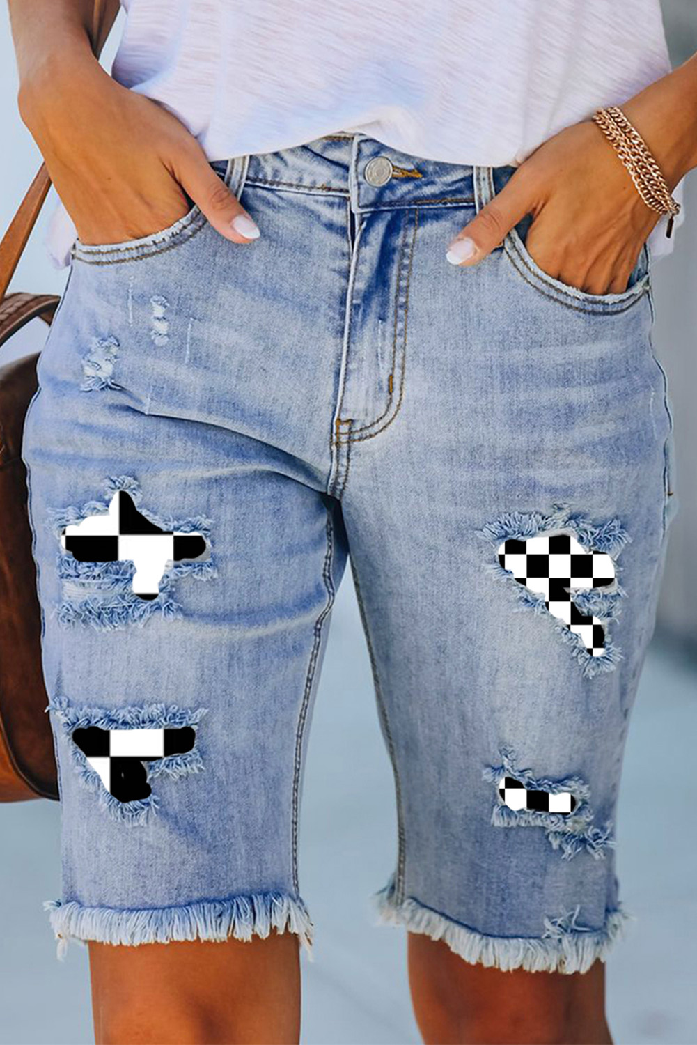 US$ 10.01 - Sky Blue ALICE DISTRESSED DENIM BERMUDA SHORTS - FINAL SALE ...