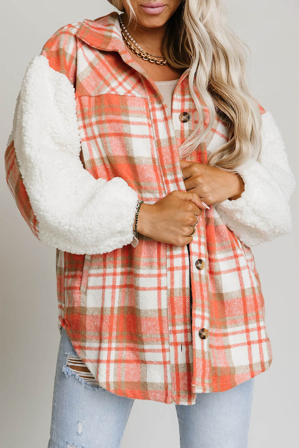 US$ 13.98 - Red Sherpa Sleeve Plaid Print Shacket - www.mshiying.com