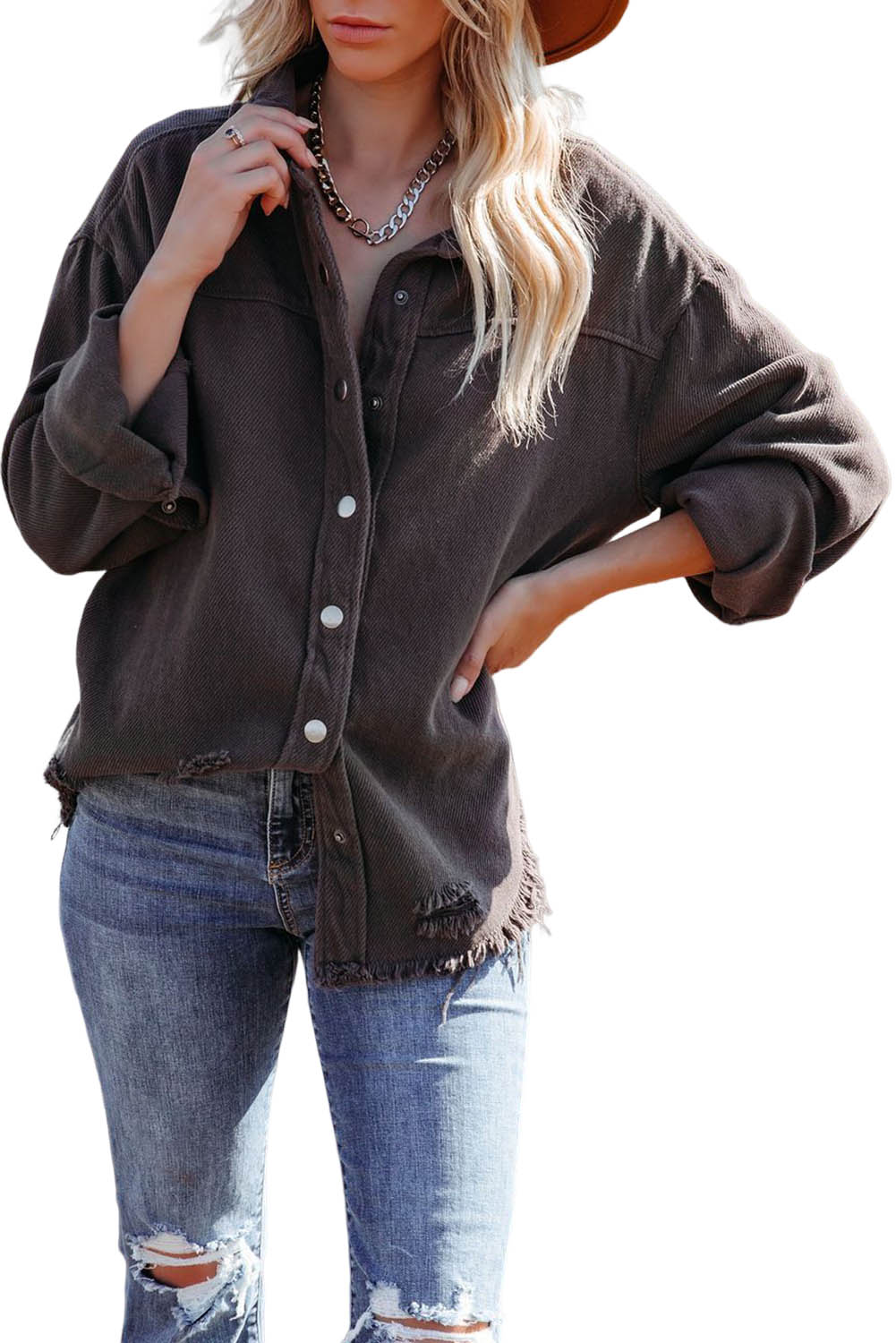 US$ 12.2 - Black Roll-Up Tab Sleeve Distressed Denim Shacket - www ...