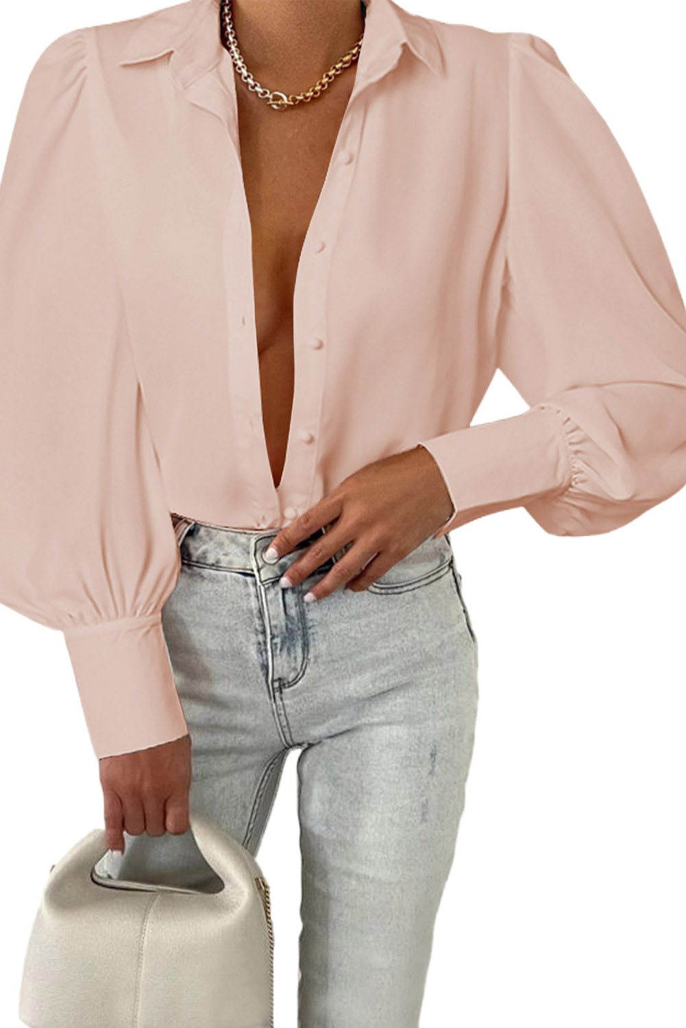 US$ 9.4 - Pink Solid Button Up Puff Sleeve Shirt - www.mshiying.com