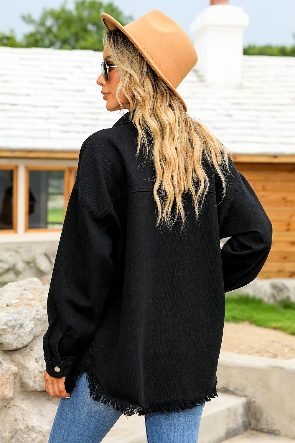 US$ 12.2 - Black Roll-Up Tab Sleeve Distressed Denim Shacket - www ...