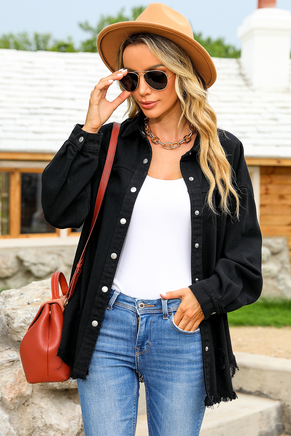 US$ 12.2 - Black Roll-Up Tab Sleeve Distressed Denim Shacket - www ...