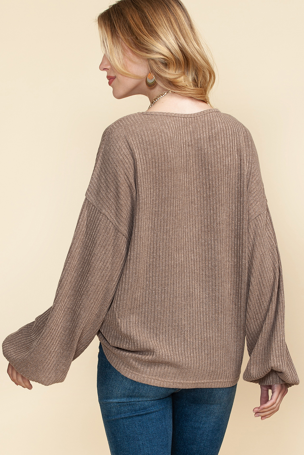 US$ 4.35 - Khaki Drop Shoulder Bubble Sleeve Ribbed Knit Top - www ...