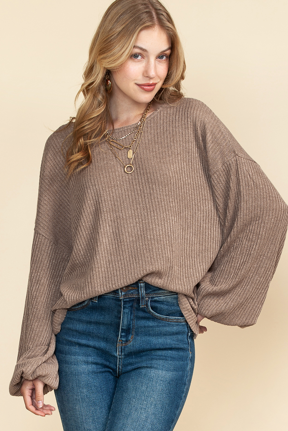 US$ 4.35 - Khaki Drop Shoulder Bubble Sleeve Ribbed Knit Top - www ...