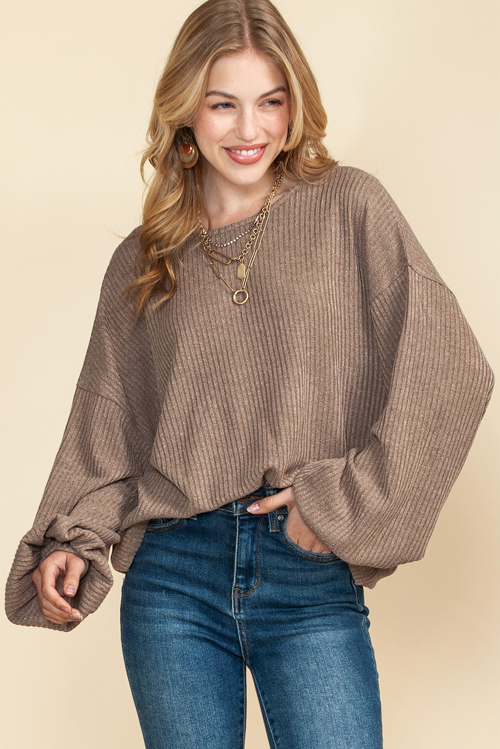 US$ 4.35 - Khaki Drop Shoulder Bubble Sleeve Ribbed Knit Top - www ...