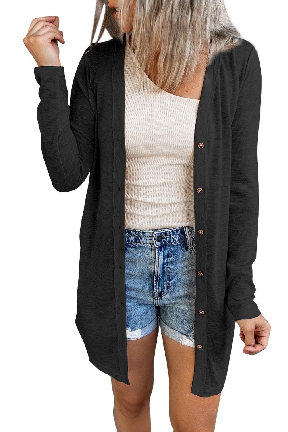 US$ 6.6 - Black Solid Color Open-Front Buttons Cardigan - www.mshiying.com