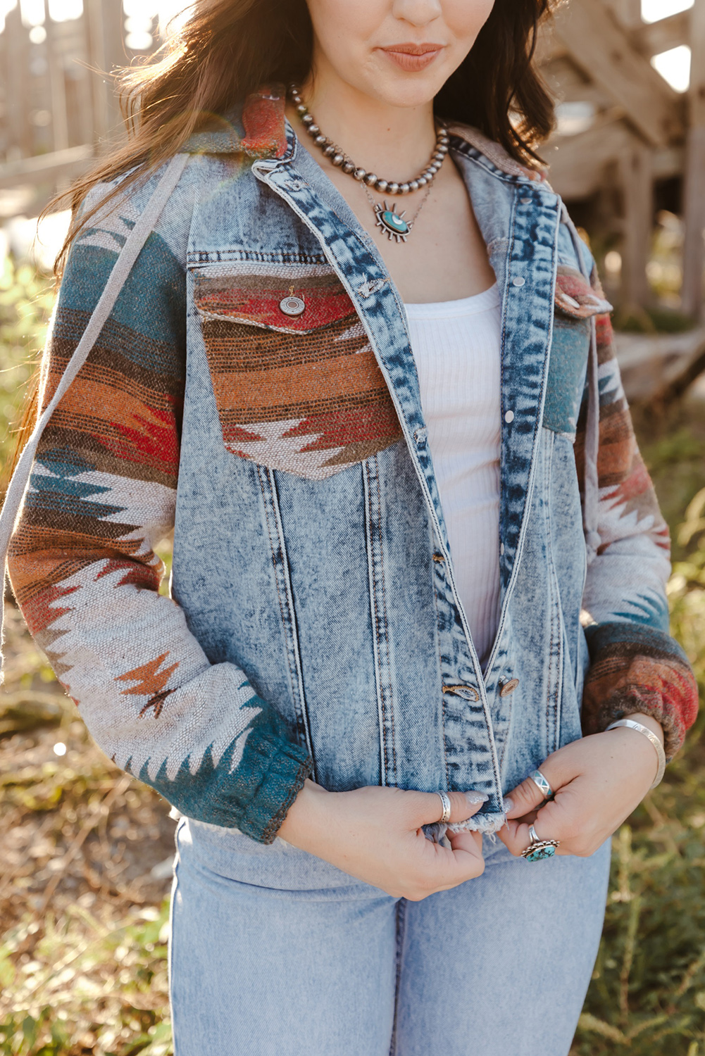 US$ 14.62 - Multicolor Aztec Print Frayed Hem Denim Jacket - www ...